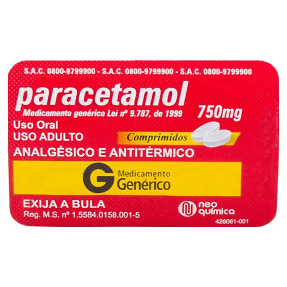 Paracetamol Genérico Neo Química 750mg | Com 4 Comprimidos - Coop Drogaria
