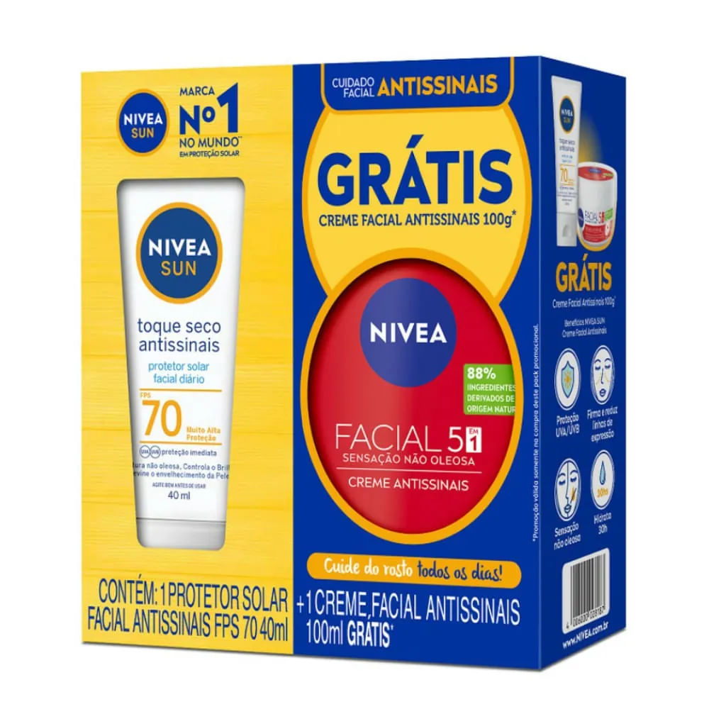 Kit Nivea Antissinais Protetor Solar Facial Toque Seco FPS 70 40ml ...