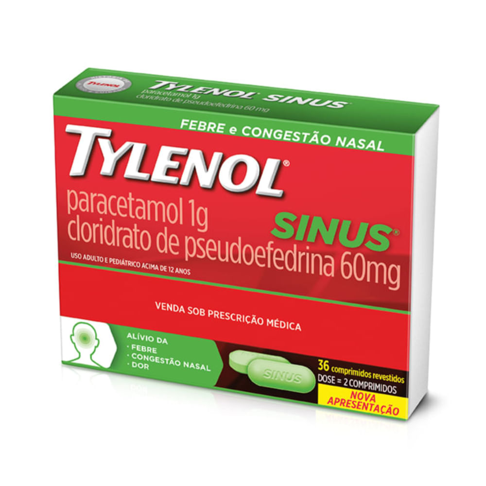 Tylenol Sinus Paracetamol 500mg + Cloridrato de Pseudoefedrina 30mg 36 ...